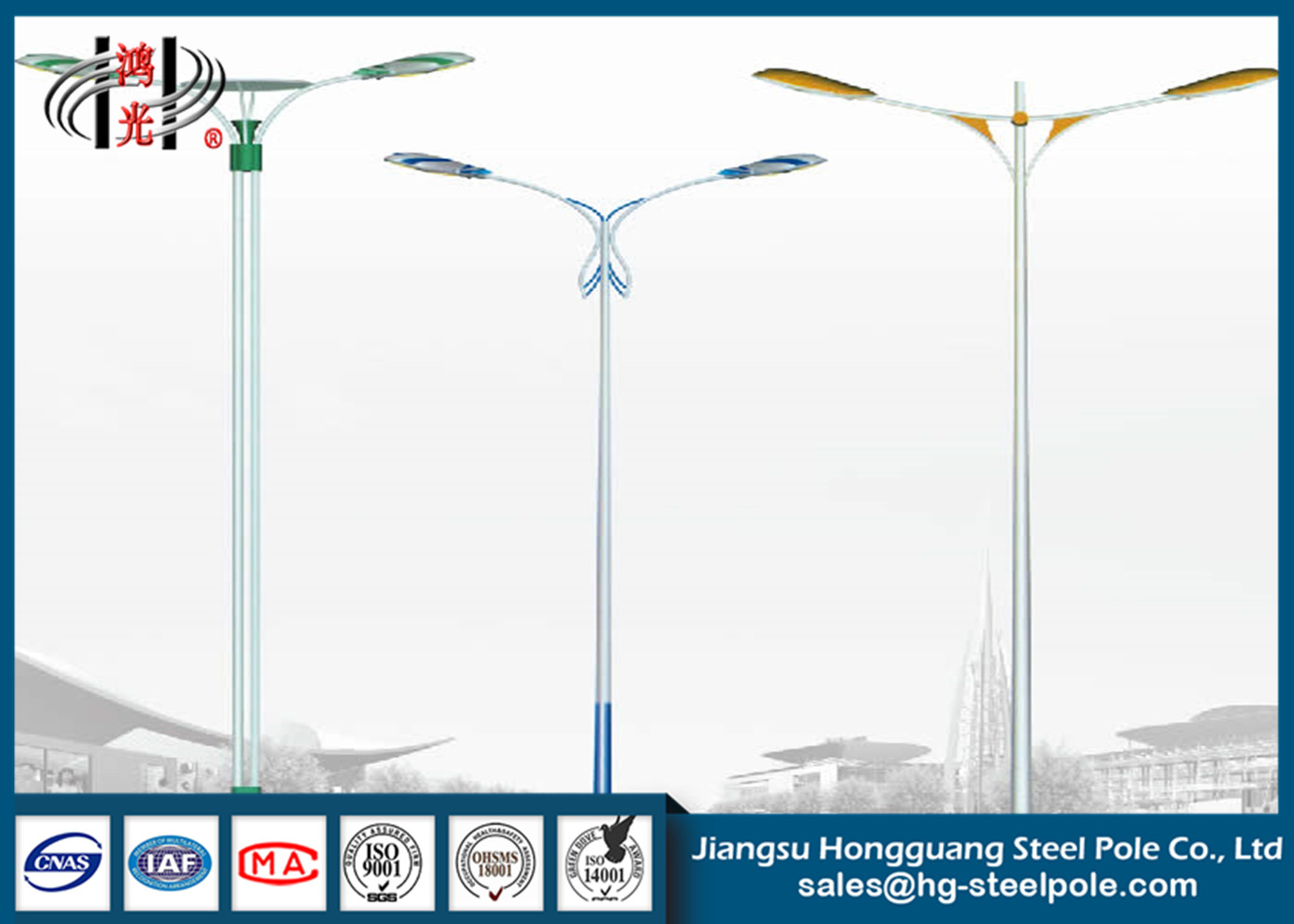 Powder Coated 11M Commercial Outdoor Light Poles , Double Arms Steel ...